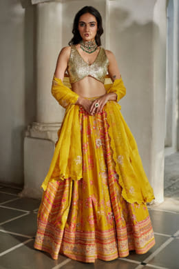Buy Golden honey printed lehenga set by Paulmi & Harsh at Aashni and Co