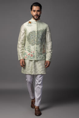 Buy Mint green thread embroidered nehru jacket set by Paarsh Atelier at ...