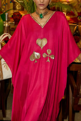 Buy Pink ace card sequin embroidered kaftan by Art-Chives at Aashni and Co