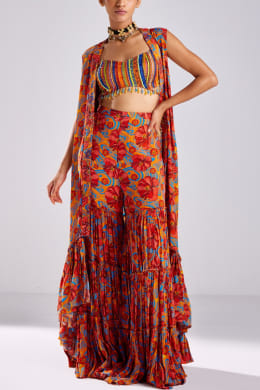 Buy Rust floral printed tiered gharara set by DiyaRajvvir at Aashni and Co