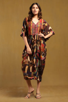 Buy Brown velvet patchwork dress by Ritu Kumar at Aashni and Co