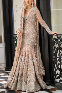 Buy Peach floral embroidered mermaid lehenga set by Elan at Aashni and Co