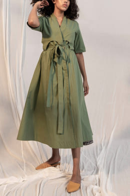 Buy Sage green wrap dress by Khara Kapas at Aashni and Co