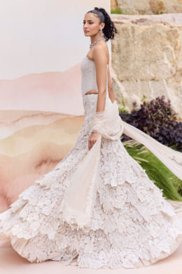 Buy Ivory leaf applique layer fishtail lehenga set by Mishru at Aashni ...