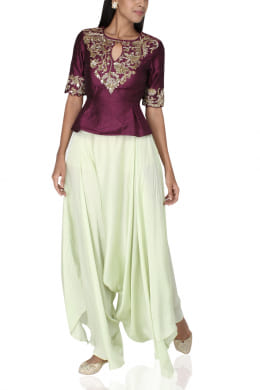 Buy Peplum top with drop-crotch flared pants by Mrunalini Rao at Aashni ...