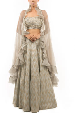Buy Ash grey scallop print lehenga set by Ridhima Bhasin at Aashni and Co
