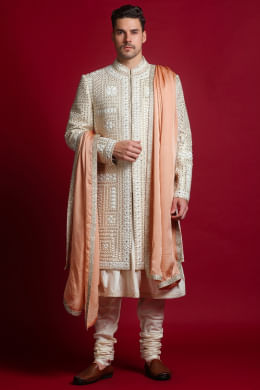 Buy Ivory geometry mirror embellished sherwani set by Char Chaand at ...
