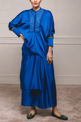 Buy Blue satin shirt and skirt by Tarun Tahiliani at Aashni and Co