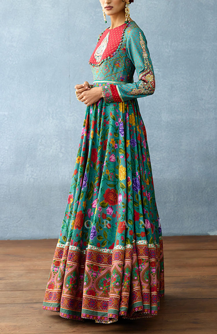 Buy Aqua floral print anarkali set by Torani at Aashni and Co