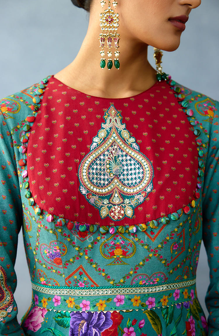 Buy Aqua floral print anarkali set by Torani at Aashni and Co