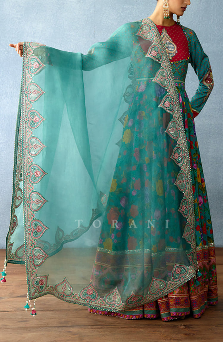 Buy Aqua floral print anarkali set by Torani at Aashni and Co