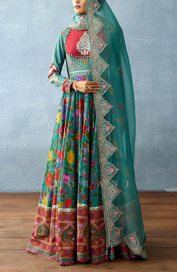 Buy Aqua floral print anarkali set by Torani at Aashni and Co