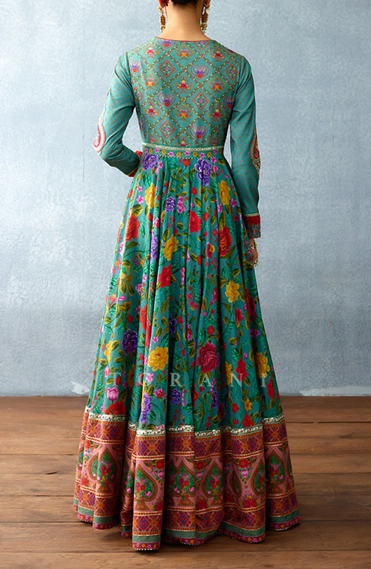 Buy Aqua floral print anarkali set by Torani at Aashni and Co