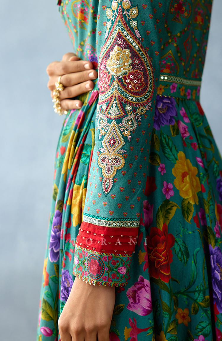 Buy Aqua floral print anarkali set by Torani at Aashni and Co