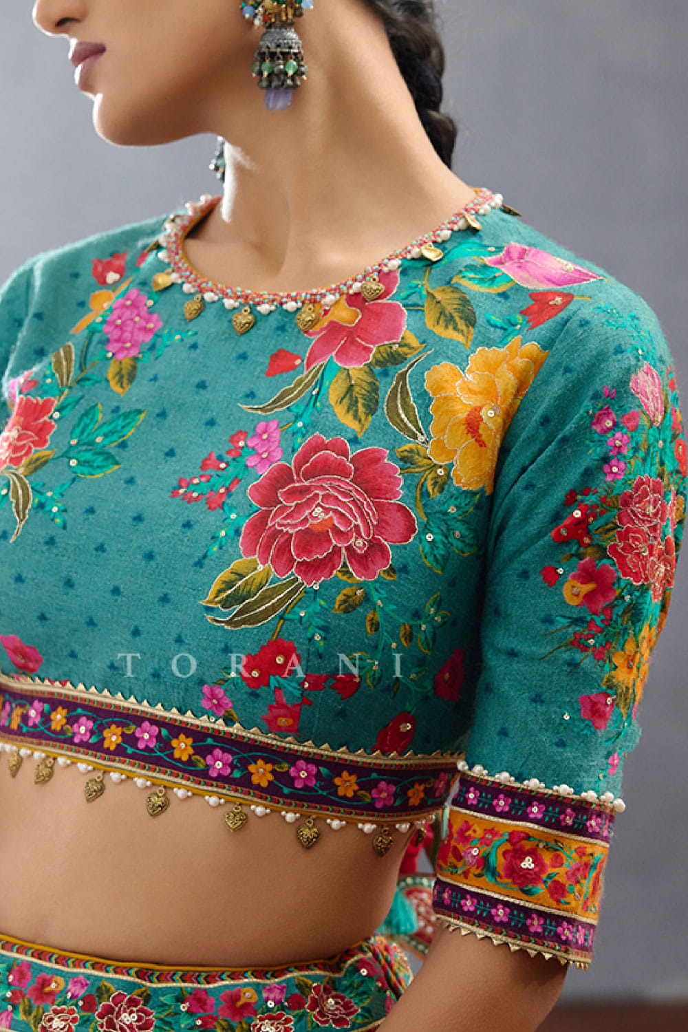 Buy Aqua floral print lehenga set by Torani at Aashni and Co
