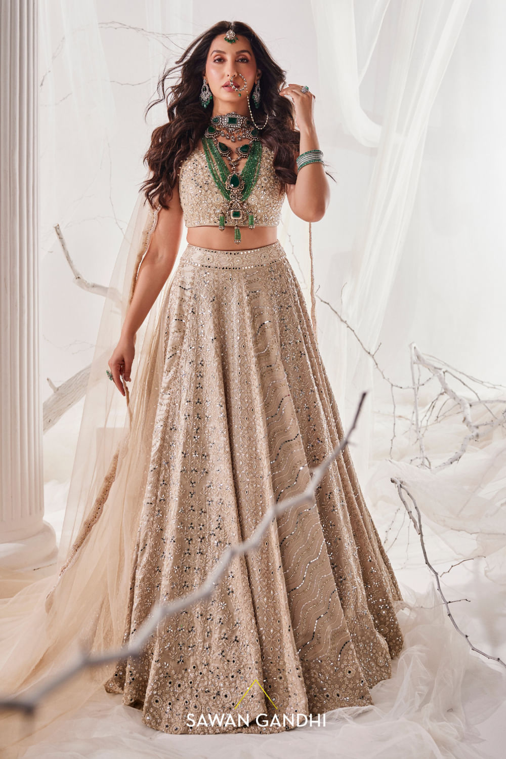 Buy Beige floral and wavy embroidered lehenga set by Sawan Gandhi at Aashni and Co