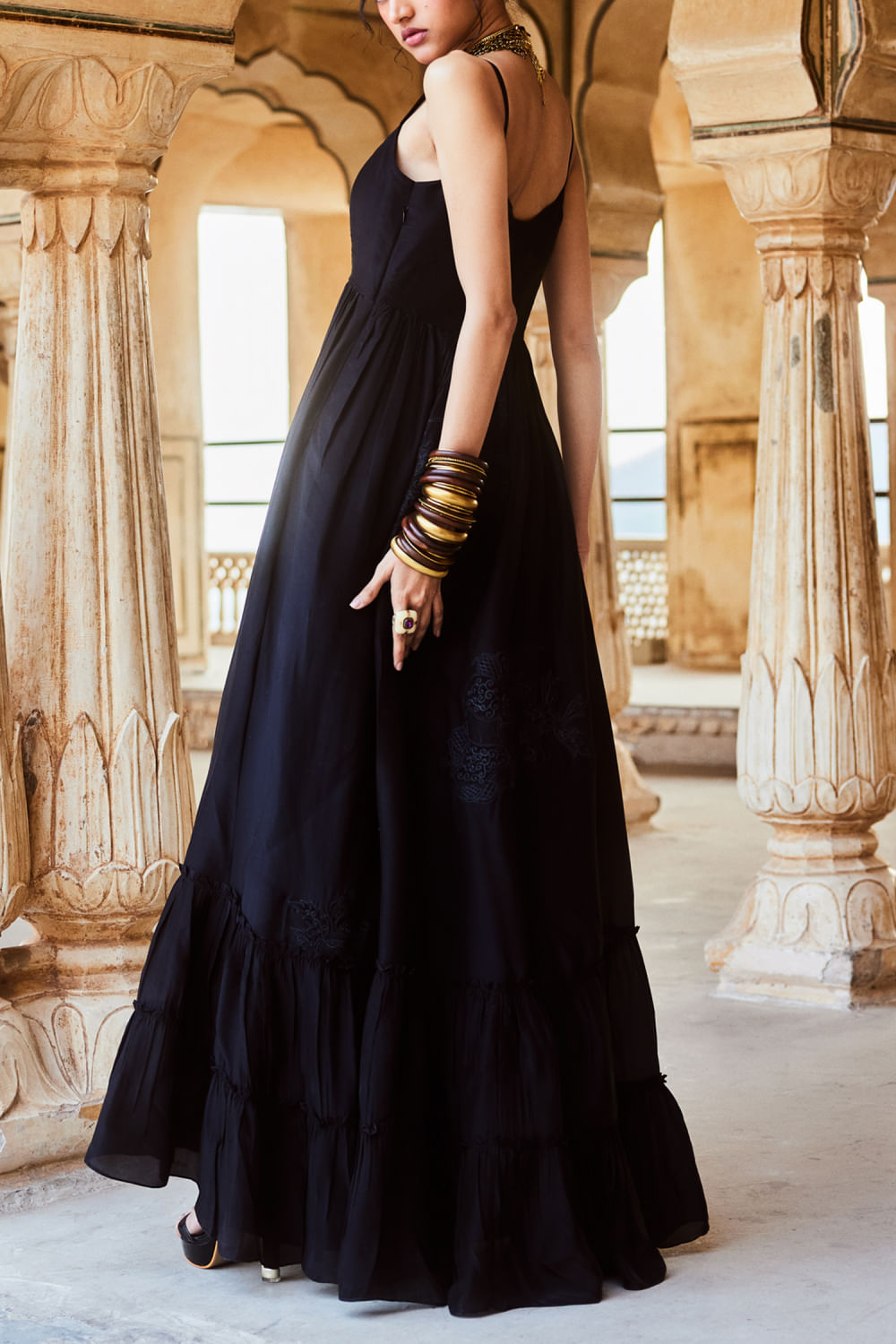 Buy Black floral cutwork maxi dress by Paulmi & Harsh at Aashni and Co