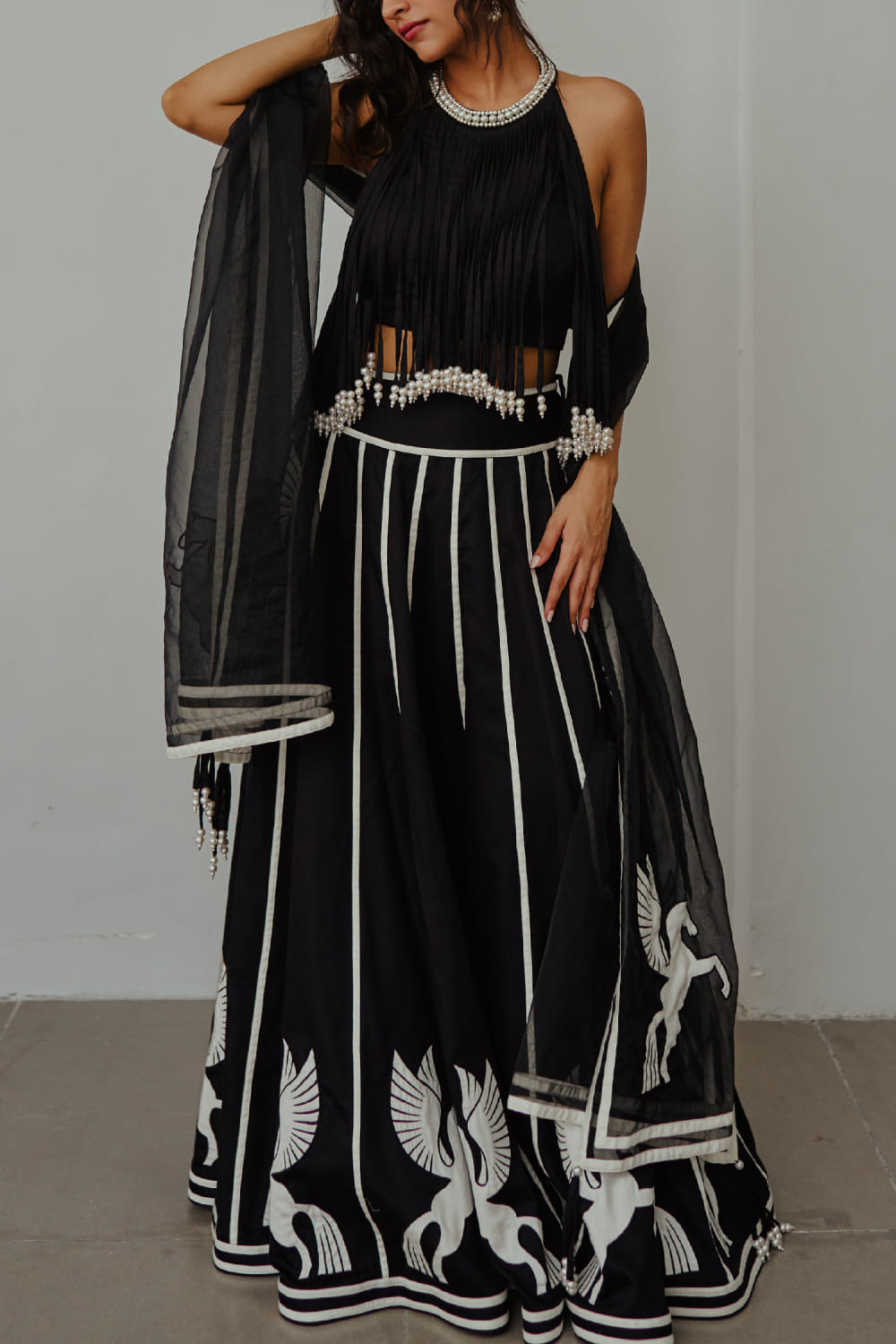 Buy Black unicorn appliqued panel lehenga set by Wabi Sabi at Aashni and Co