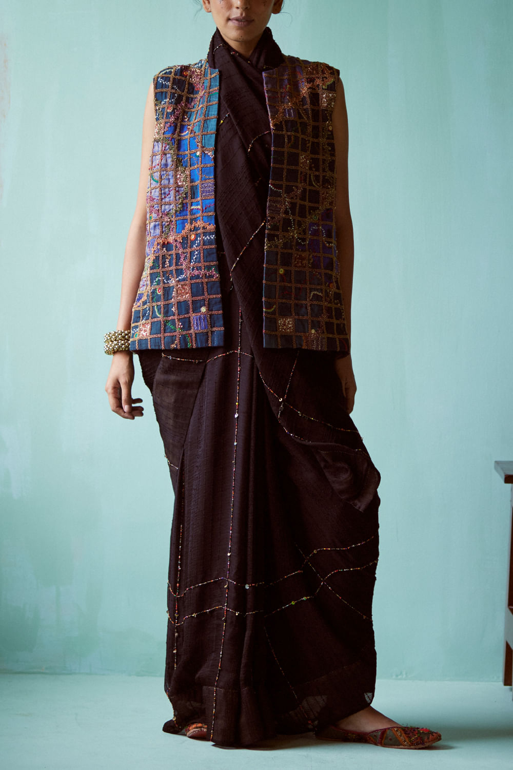 Buy Blue geometric embroidered jacket by Medha at Aashni and Co