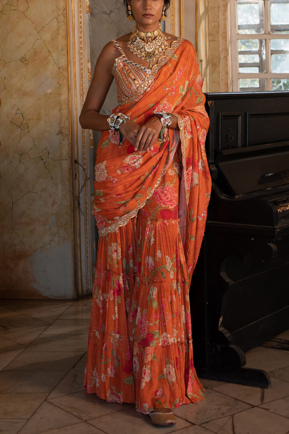 Buy Burnt orange floral print sharara sari set by Paulmi & Harsh ...