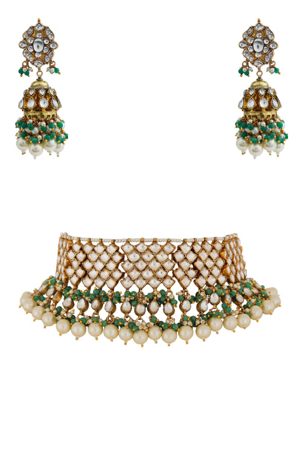 Buy Gold and green jadtar choker set by Riana Jewellery at Aashni and Co