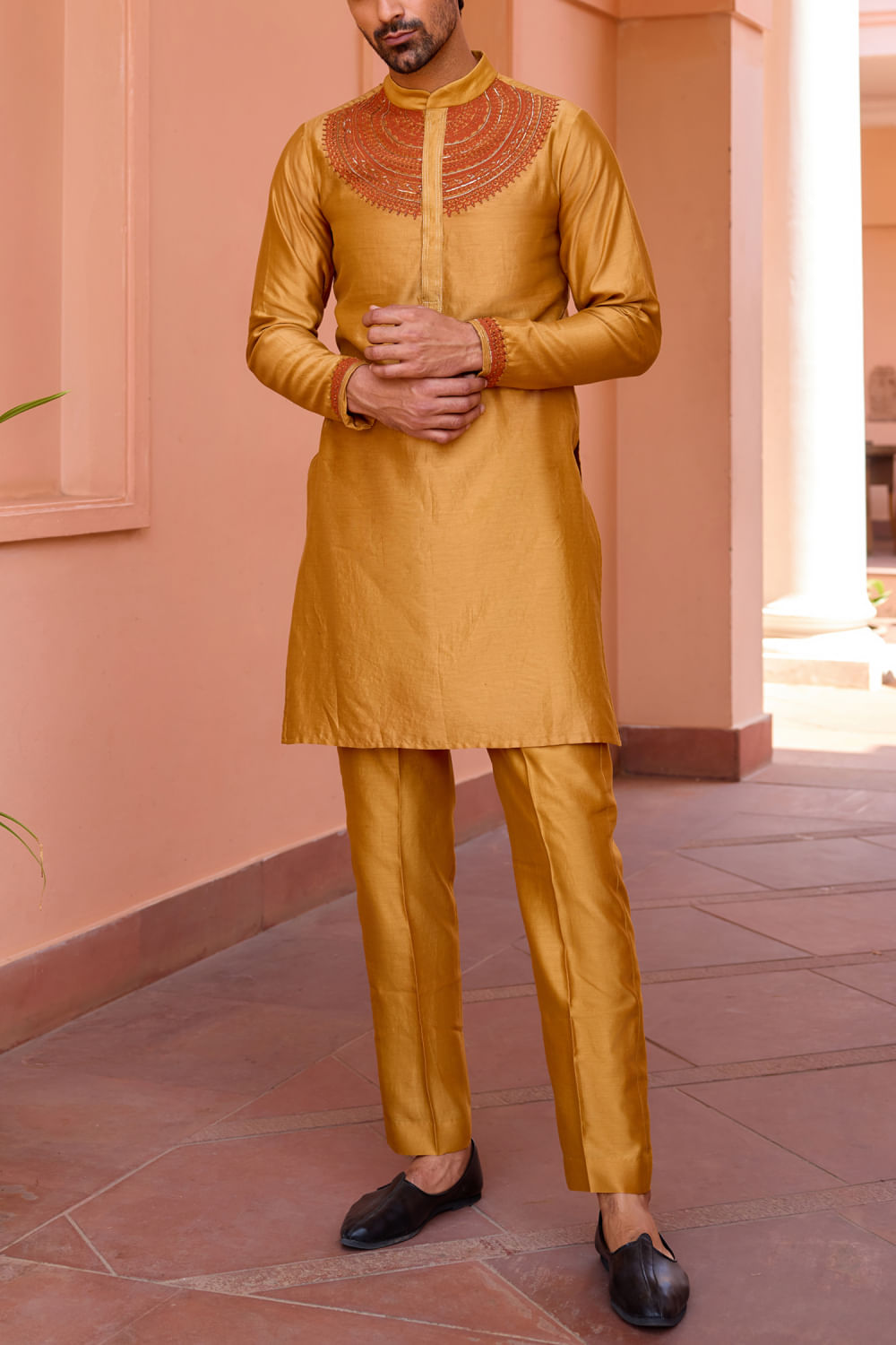 Buy Gold mustard embroidered kurta by Isha Gupta Tayal at Aashni and Co