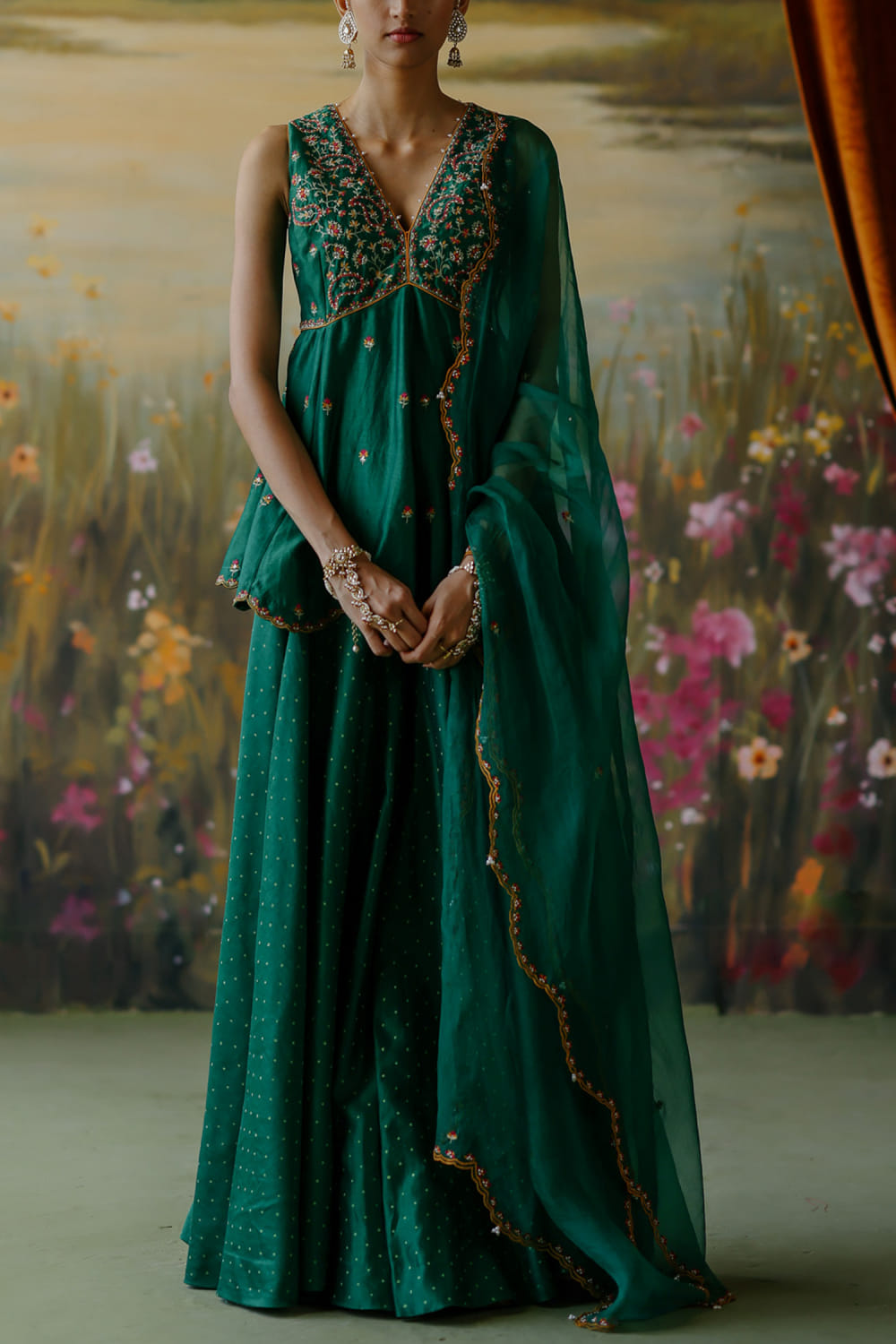 Buy Green floral embroidered sharara set by Shikha Mehta at Aashni and Co