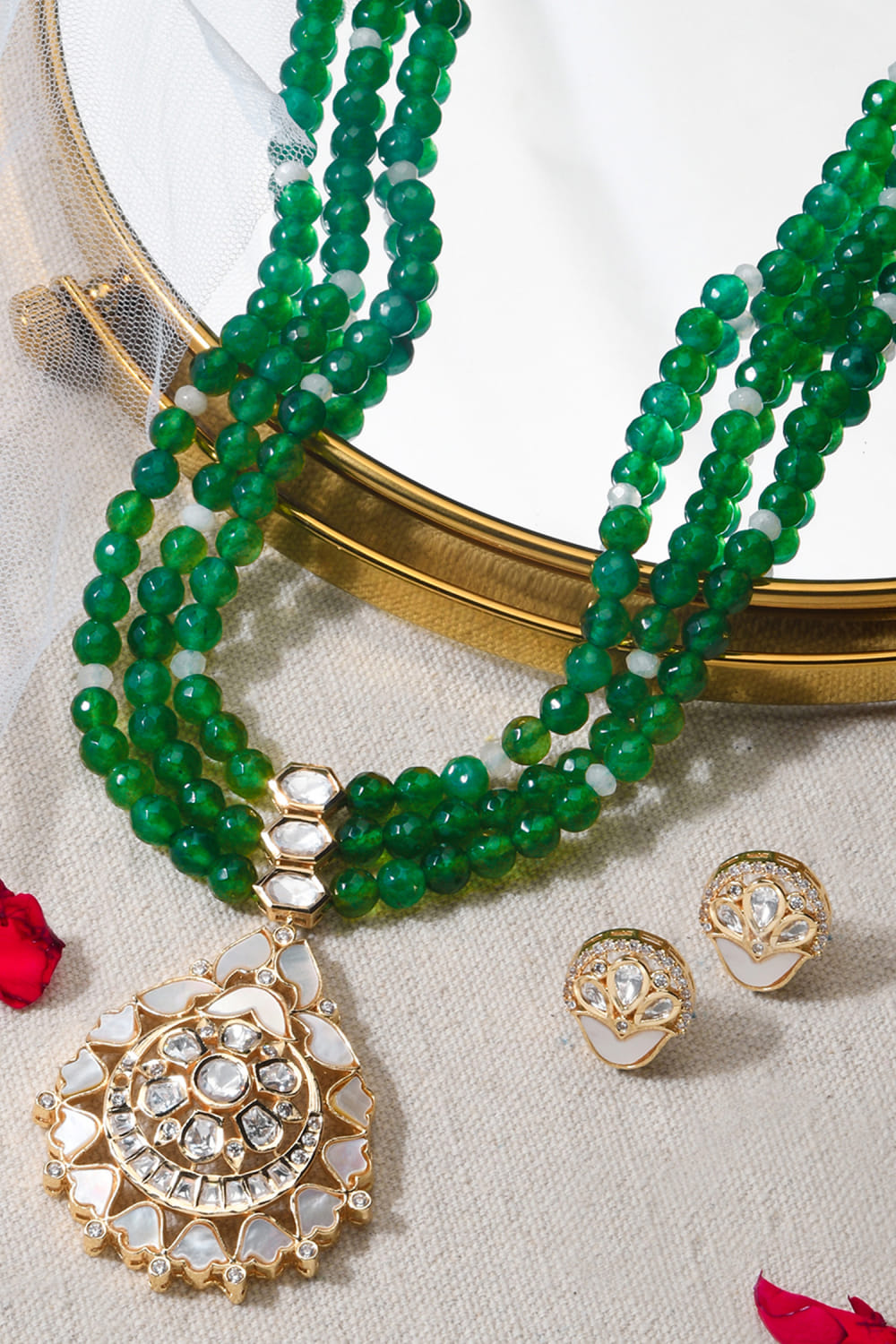 Buy Green kundan polki and bead layer necklace set by Joules By Radhika ...
