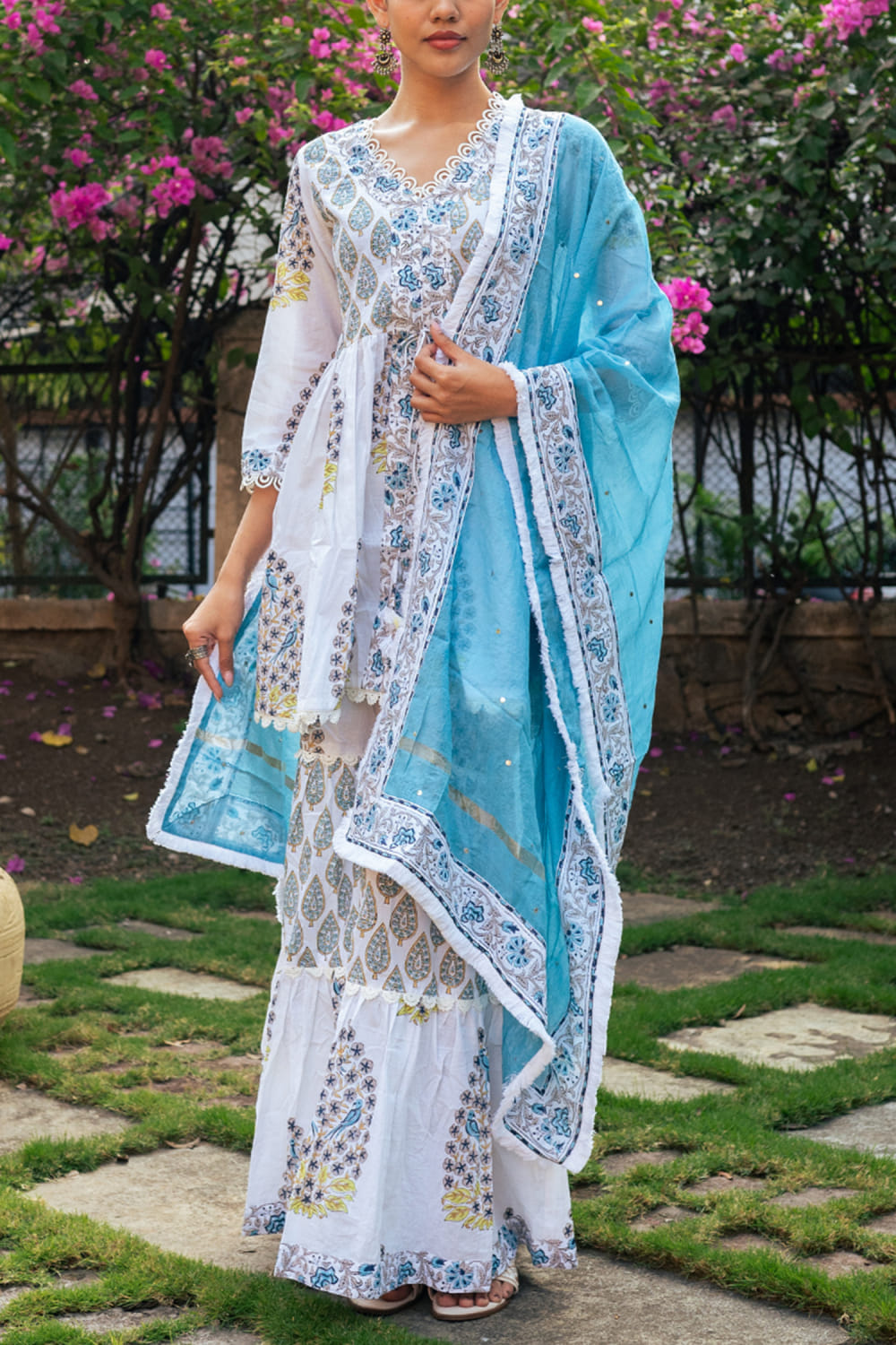 Buy Ivory and blue floral block print sharara set by Maison Shefali at Aashni and Co