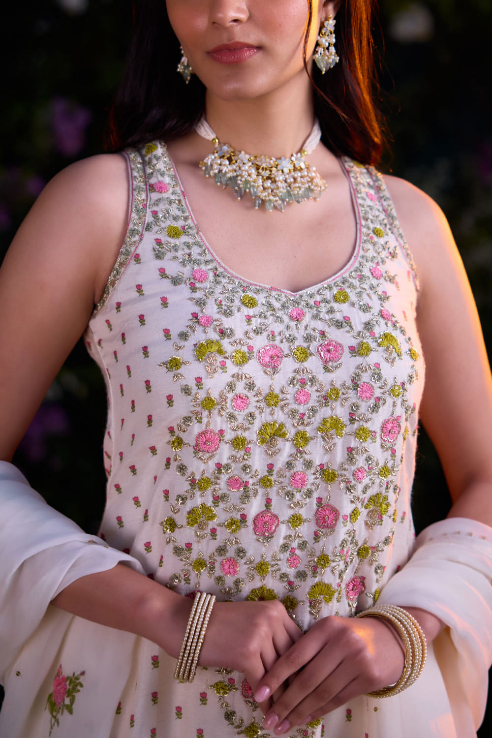 Buy Ivory floral block printed tiered sharara set by Shyam Narayan ...