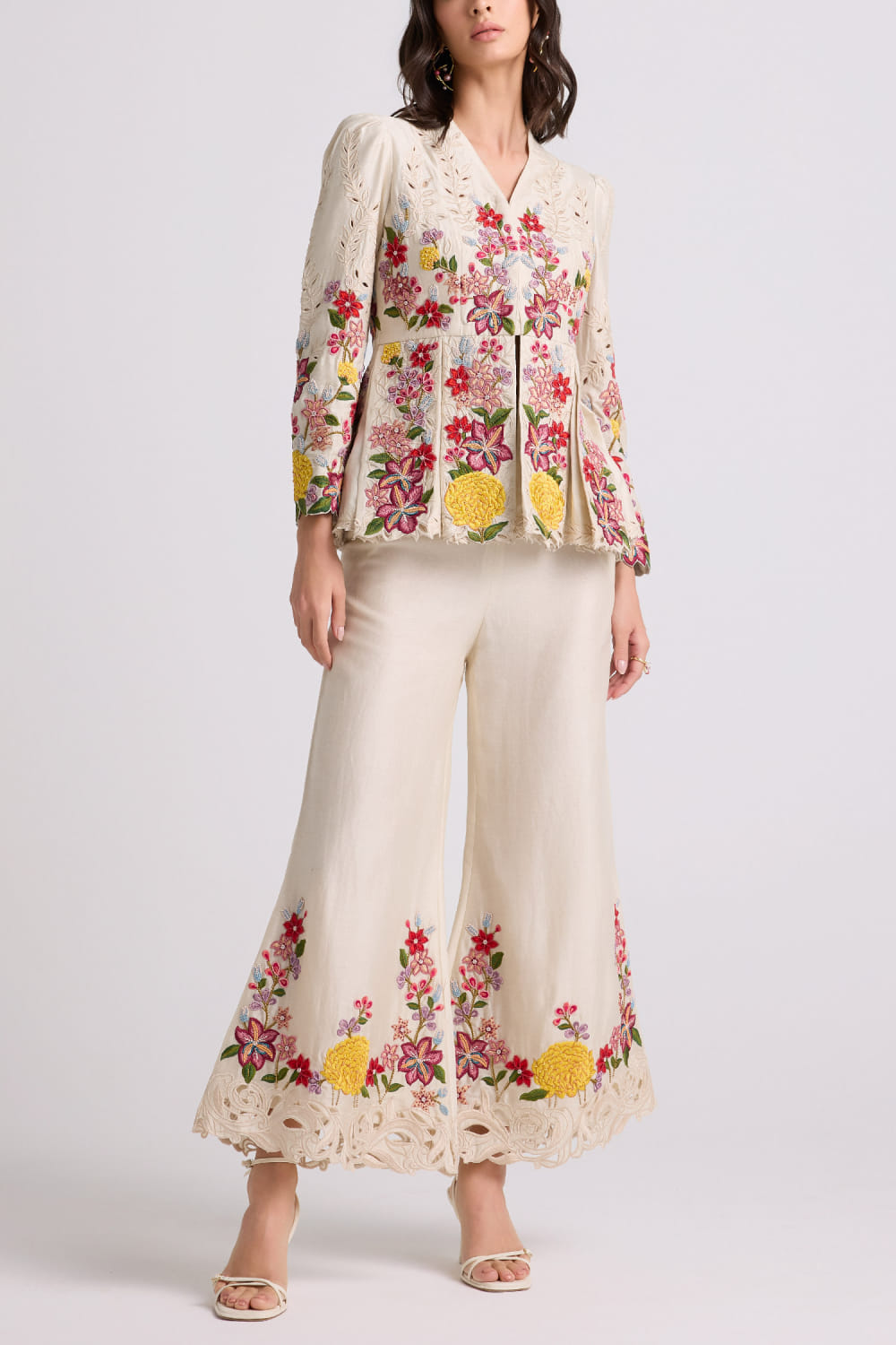 Buy Ivory floral cutwork embroidery bell bottom pants by Chandrima at ...