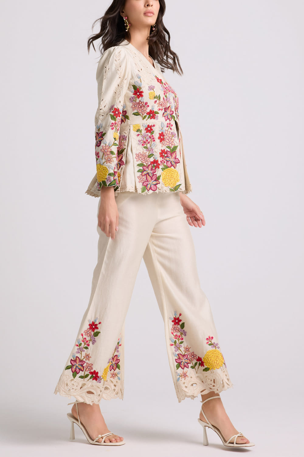 Buy Ivory floral cutwork embroidery bell bottom pants by Chandrima at ...