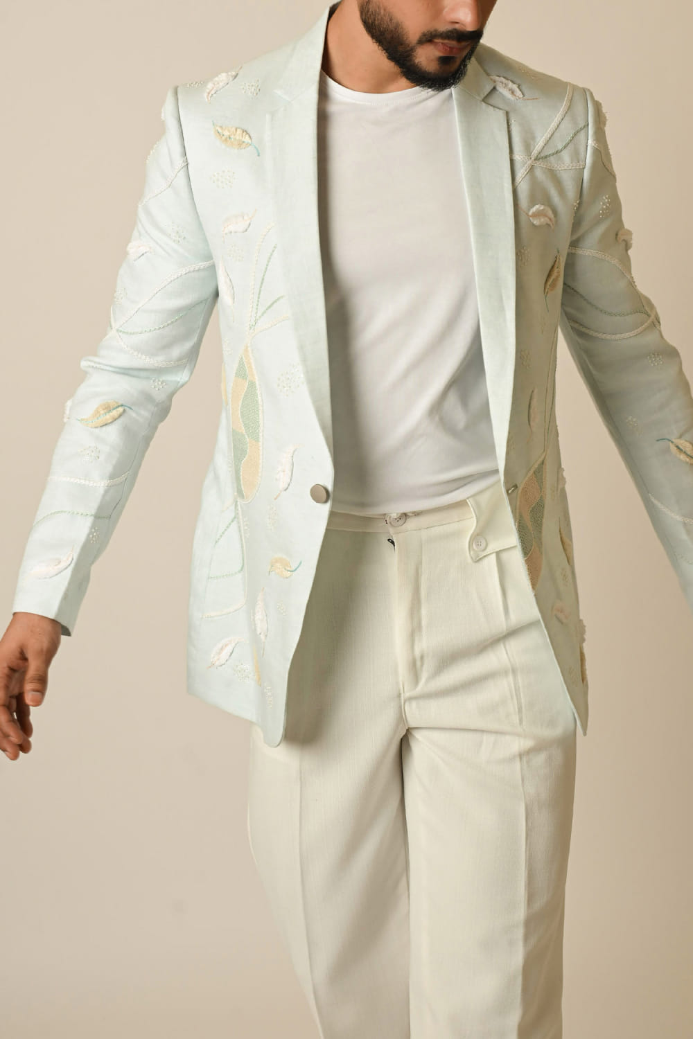 Buy Light blue 3D feather embroidery blazer by Paarsh Atelier at Aashni ...