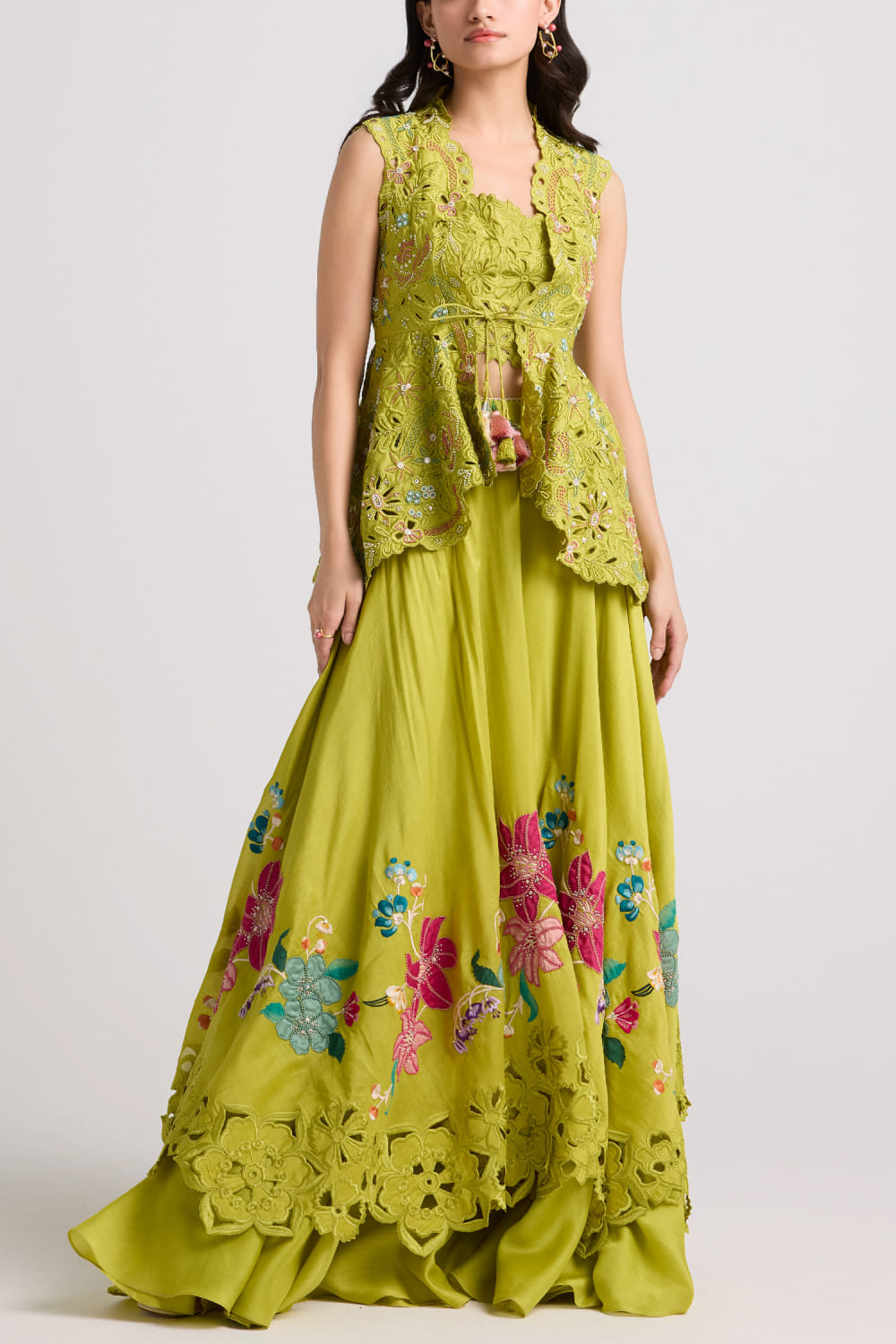 Buy Lime green floral bead embroidery jacket by Chandrima at Aashni and Co