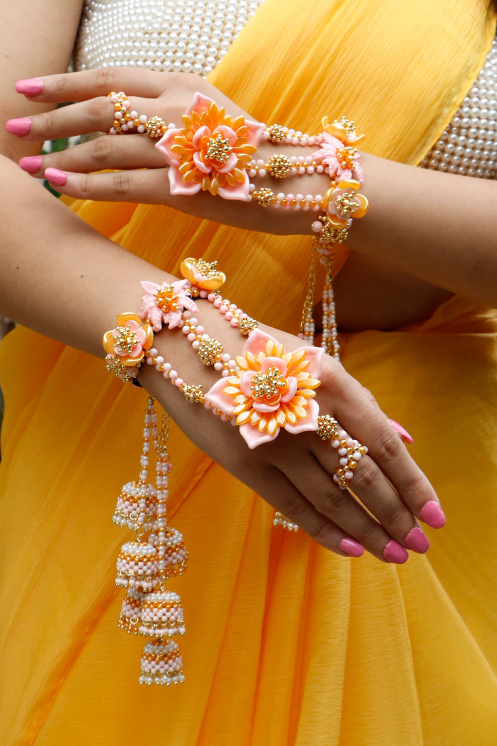 Buy Mango and pink floral pearl bead haath phool by Vaidaan at Aashni ...