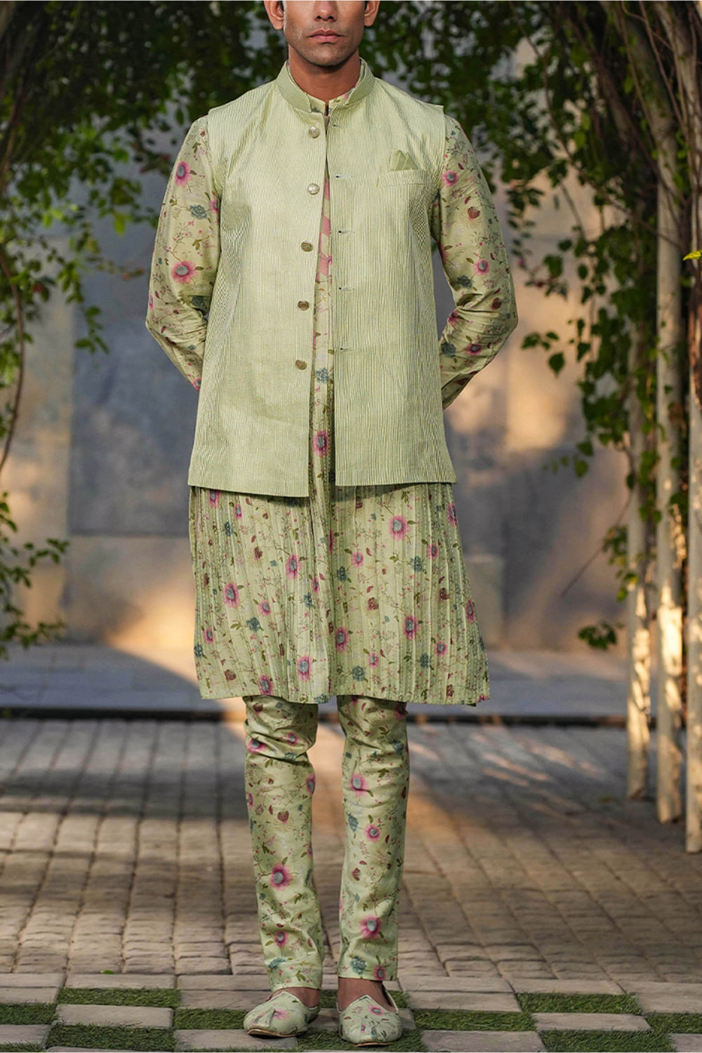 Buy Mint green stitched bandi and printed kurta set by Niti Bothra at ...