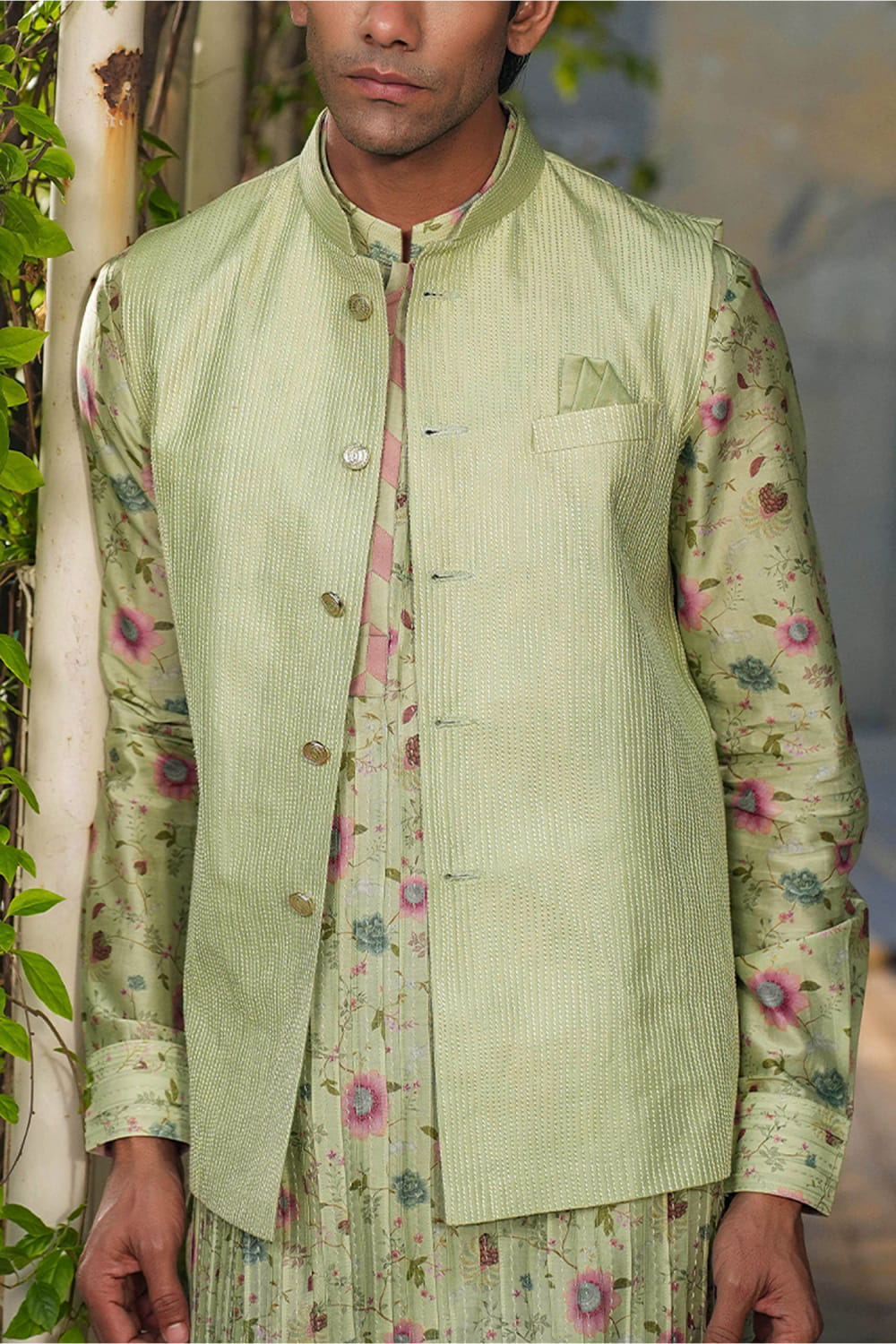Buy Mint green stitched bandi and printed kurta set by Niti Bothra at ...