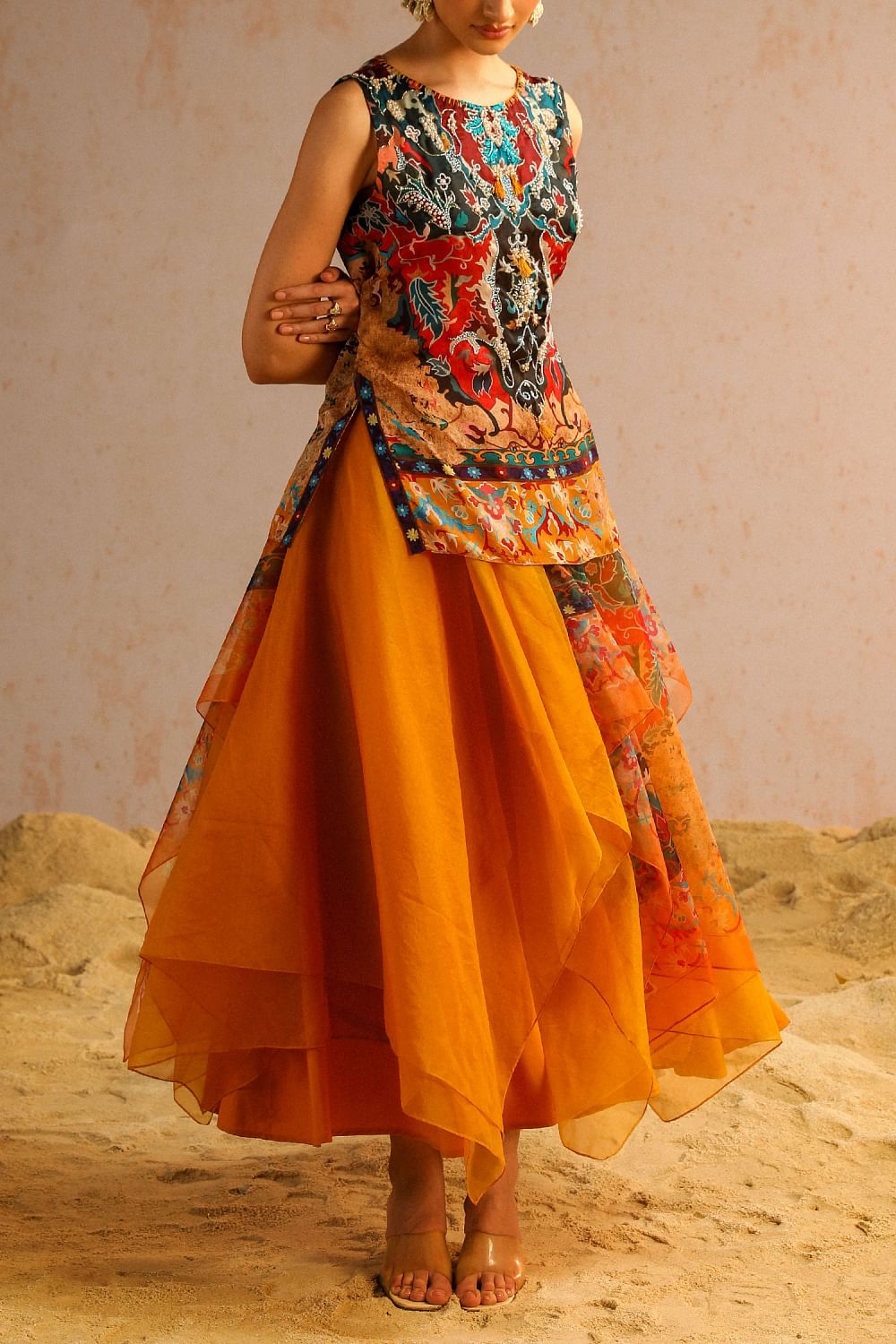 Buy Mustard Yellow Artisanal Print Layer Skirt Set By Aditi Gupta At