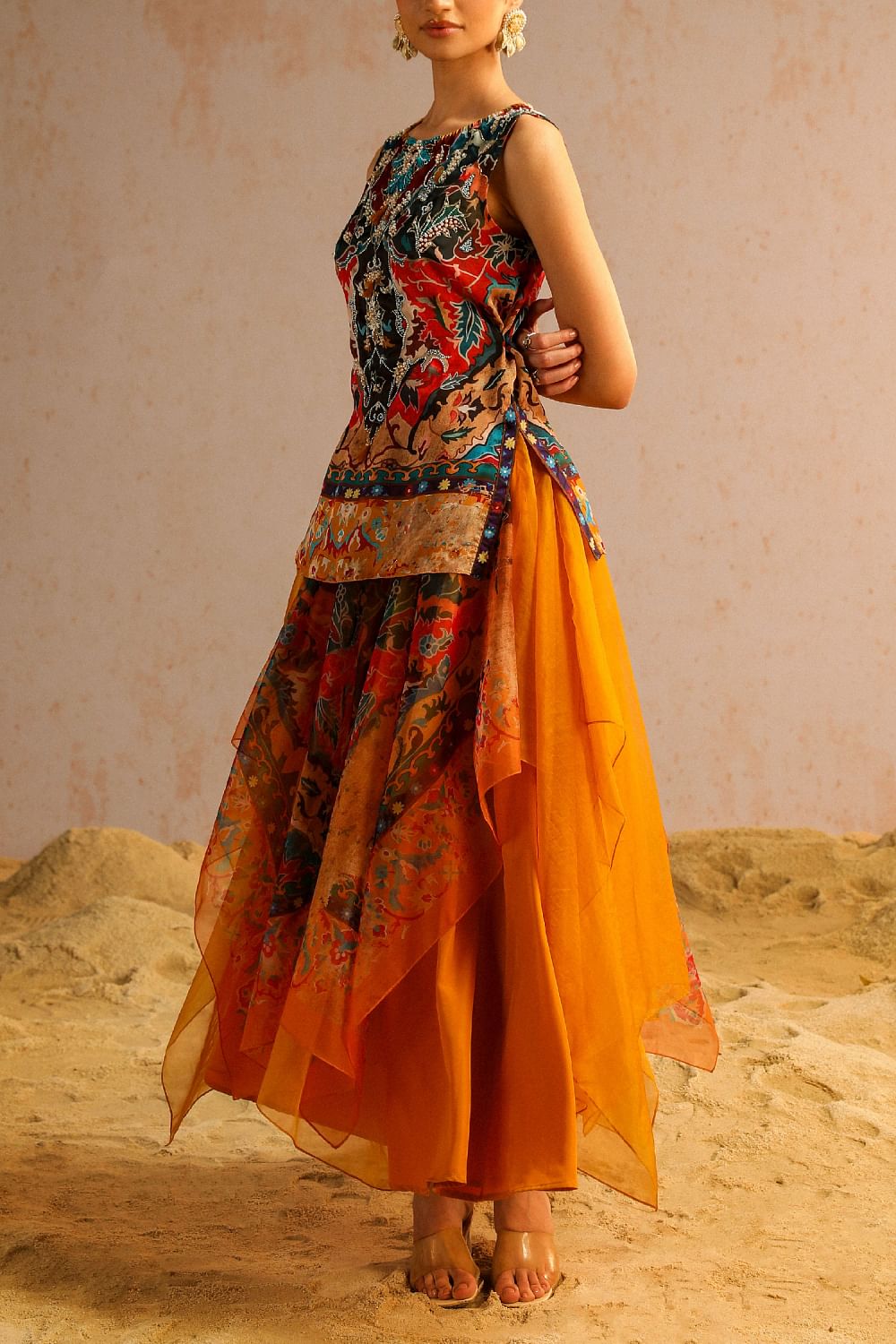 Buy Mustard Yellow Artisanal Print Layer Skirt Set By Aditi Gupta At