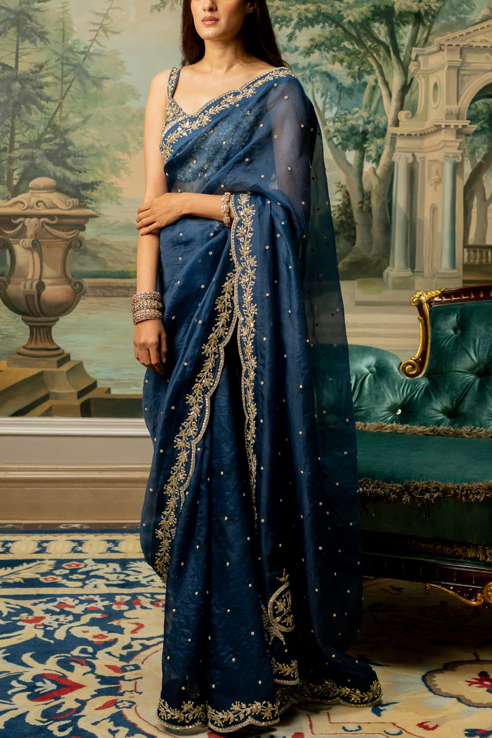 Buy Navy blue floral embroidery sari set by Paulmi & Harsh at Aashni and Co