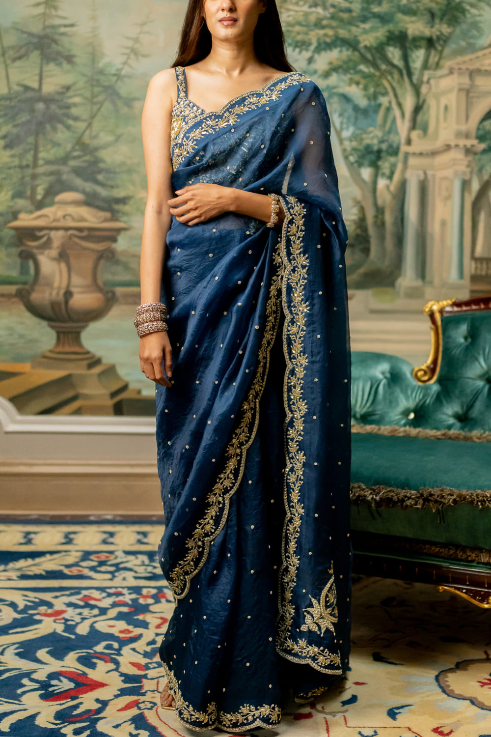 Buy Navy blue floral embroidery sari set by Paulmi & Harsh at Aashni and Co