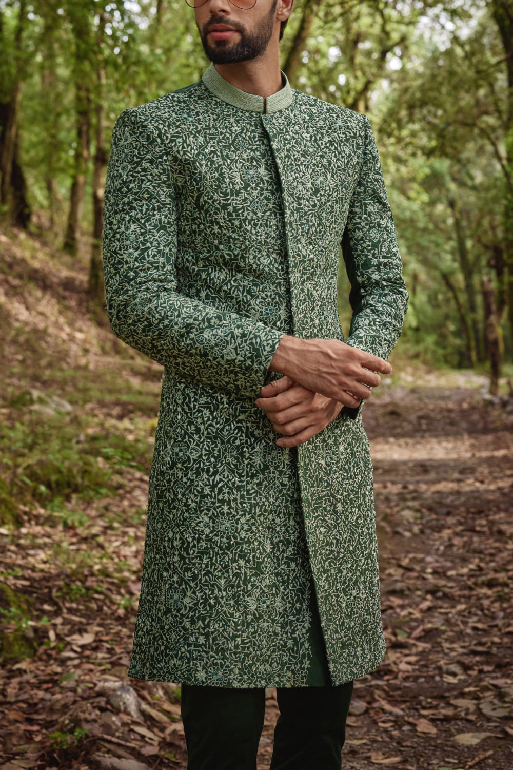 Buy Olive green floral embroidered sherwani set by Varun Chakkilam at ...