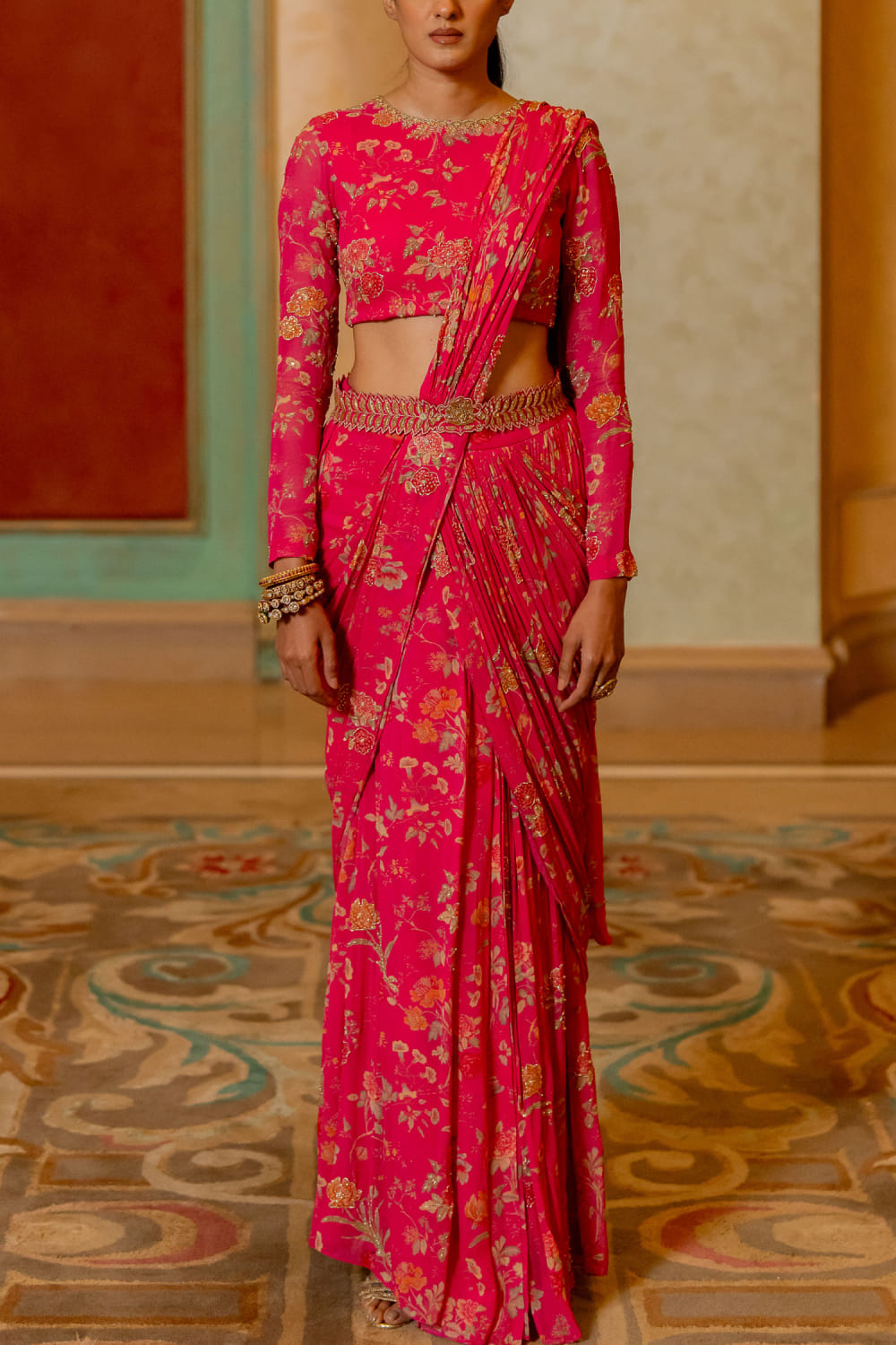 Buy Pink floral print pre-draped sari set by Paulmi & Harsh at Aashni ...