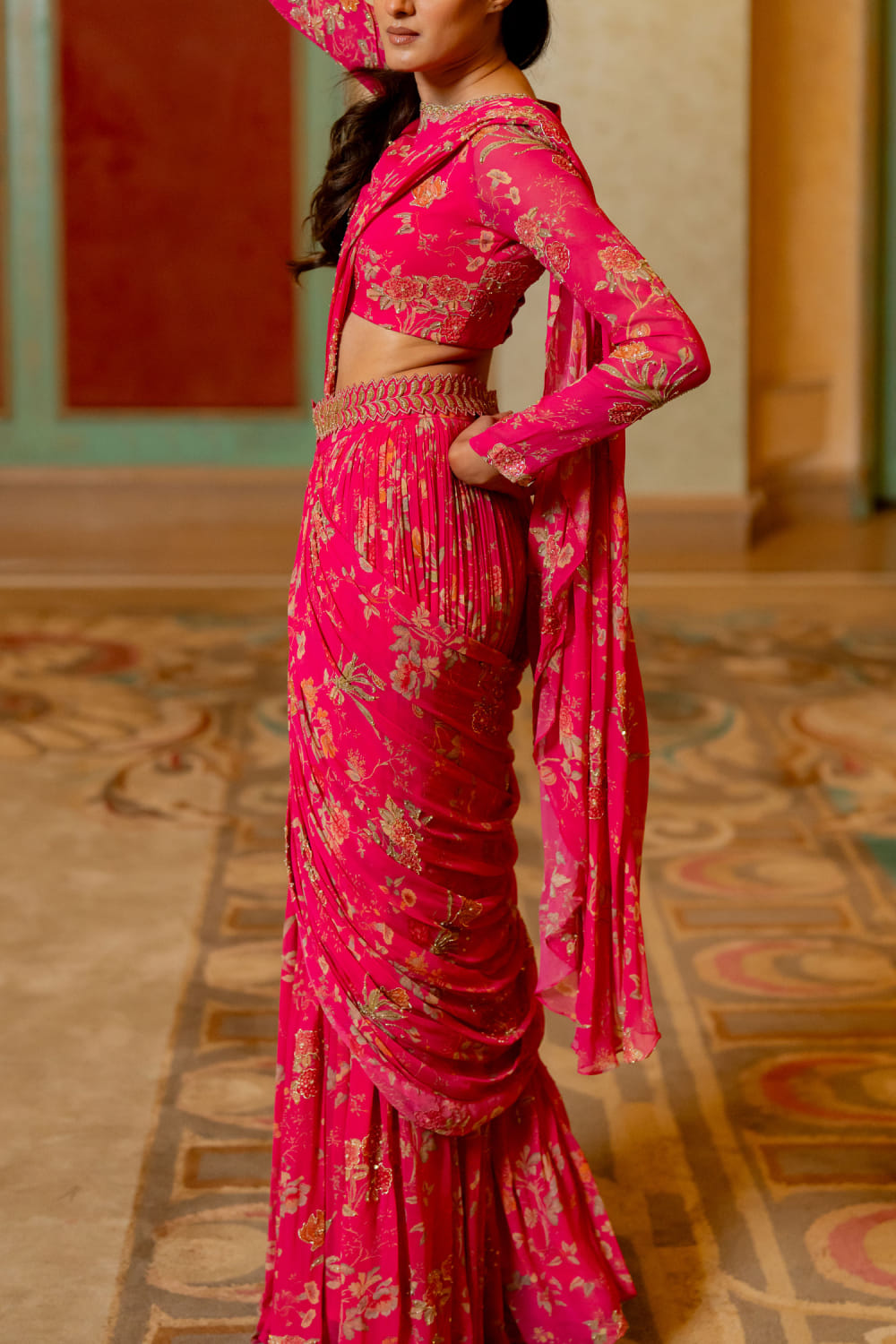Buy Pink floral print pre-draped sari set by Paulmi & Harsh at Aashni ...