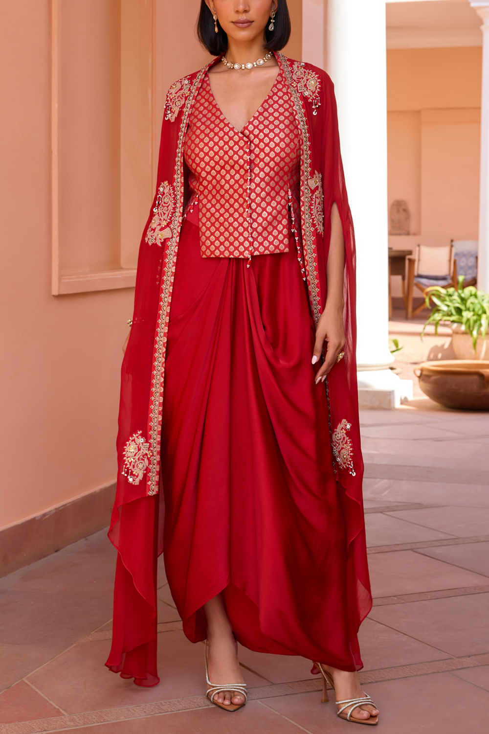 Buy Red dori embroidered cape and skirt set by Isha Gupta Tayal at ...