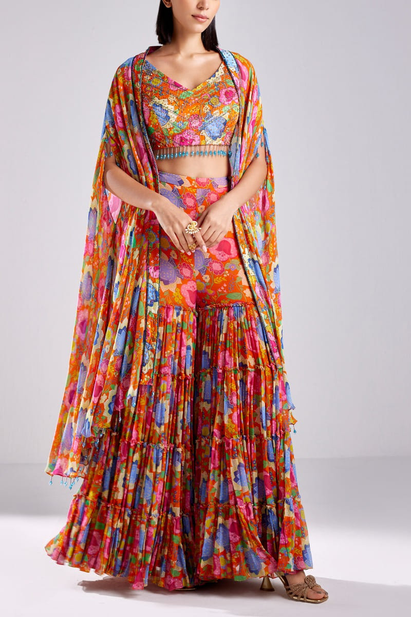 Buy Rust floral print tiered gharara set by DiyaRajvvir at Aashni and Co