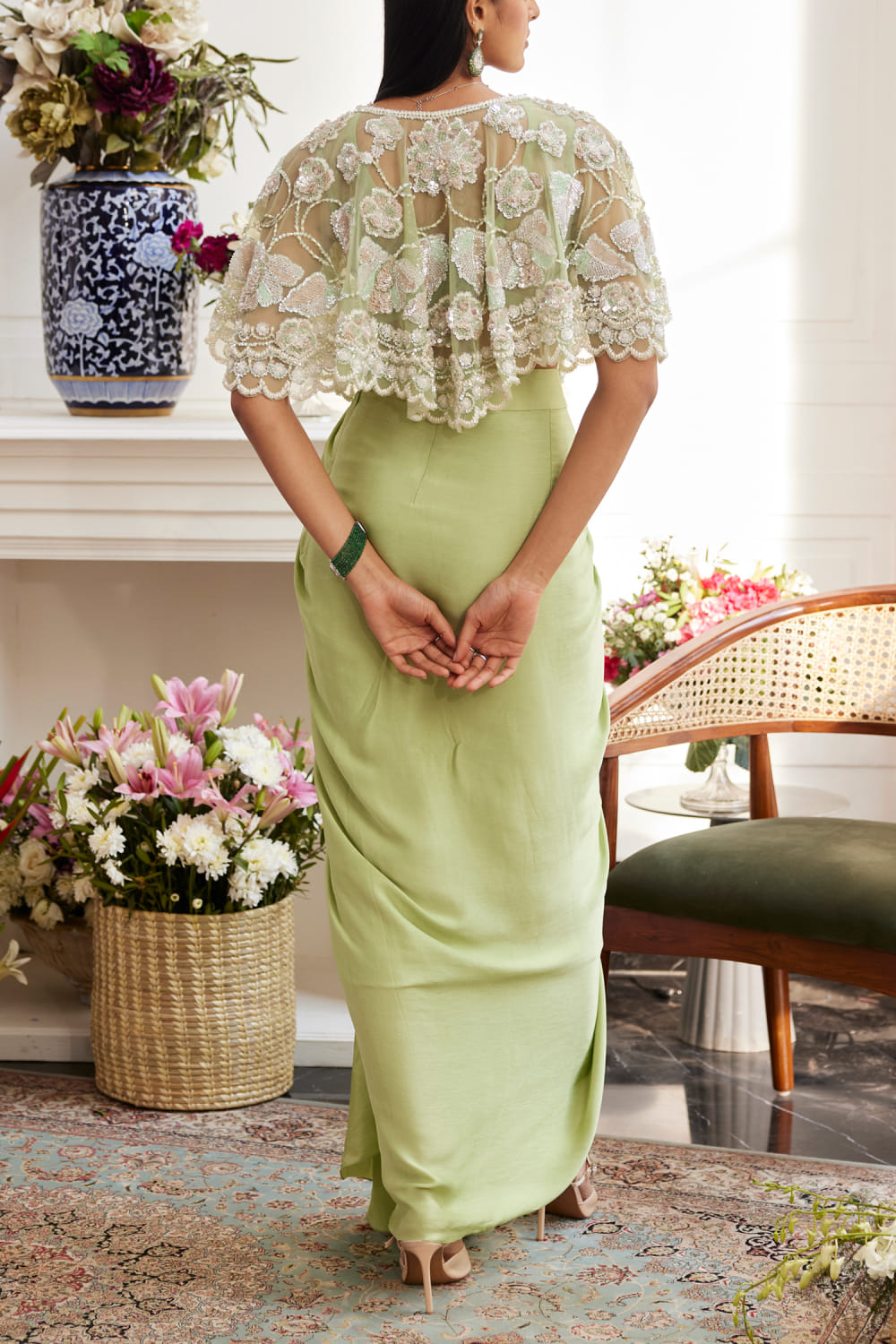 Buy Sage green floral embroidered cape skirt set by Anushkaa Bajaj at ...