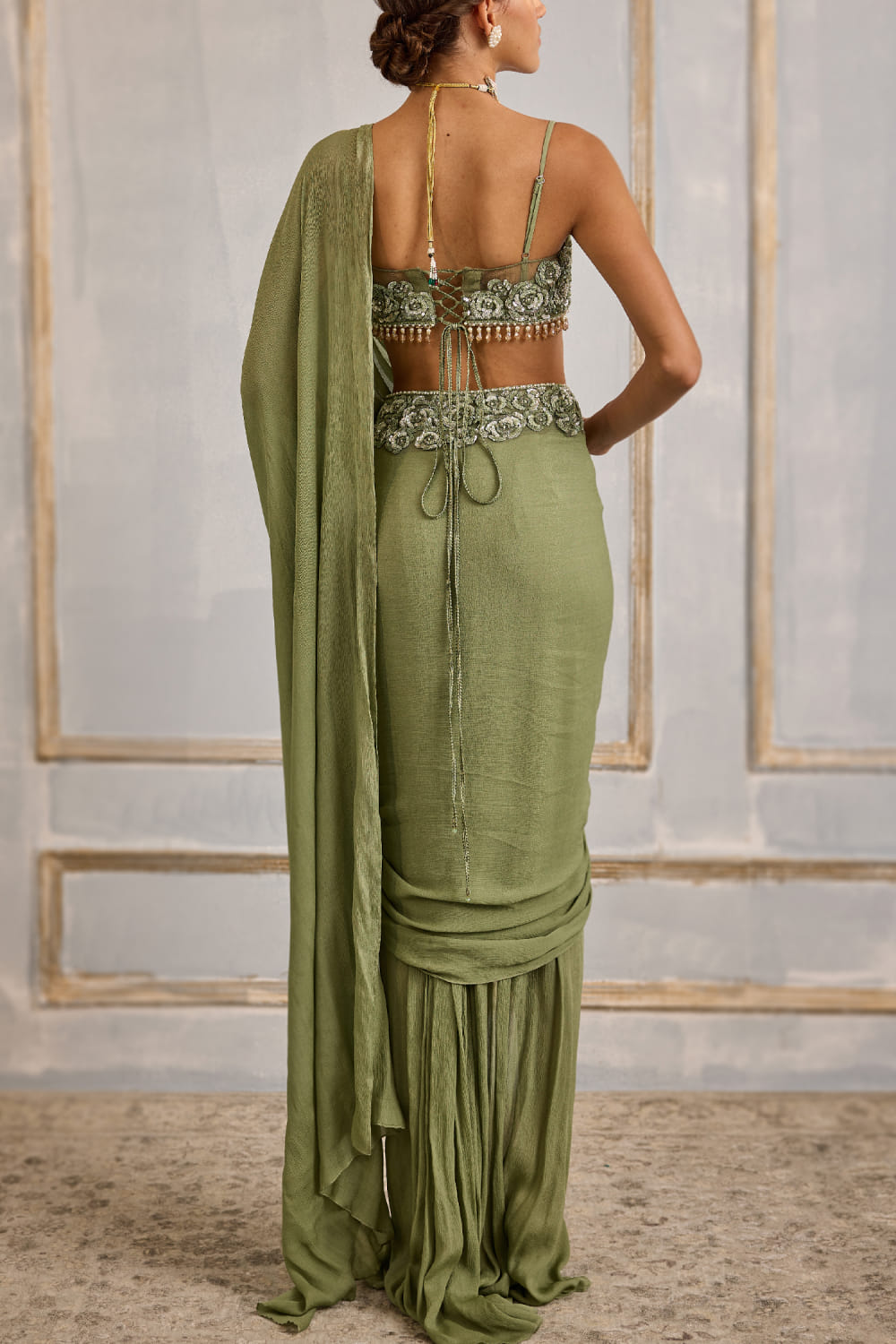 Buy Sage green floral embroidered draped sari set by Cedar & Pine at ...