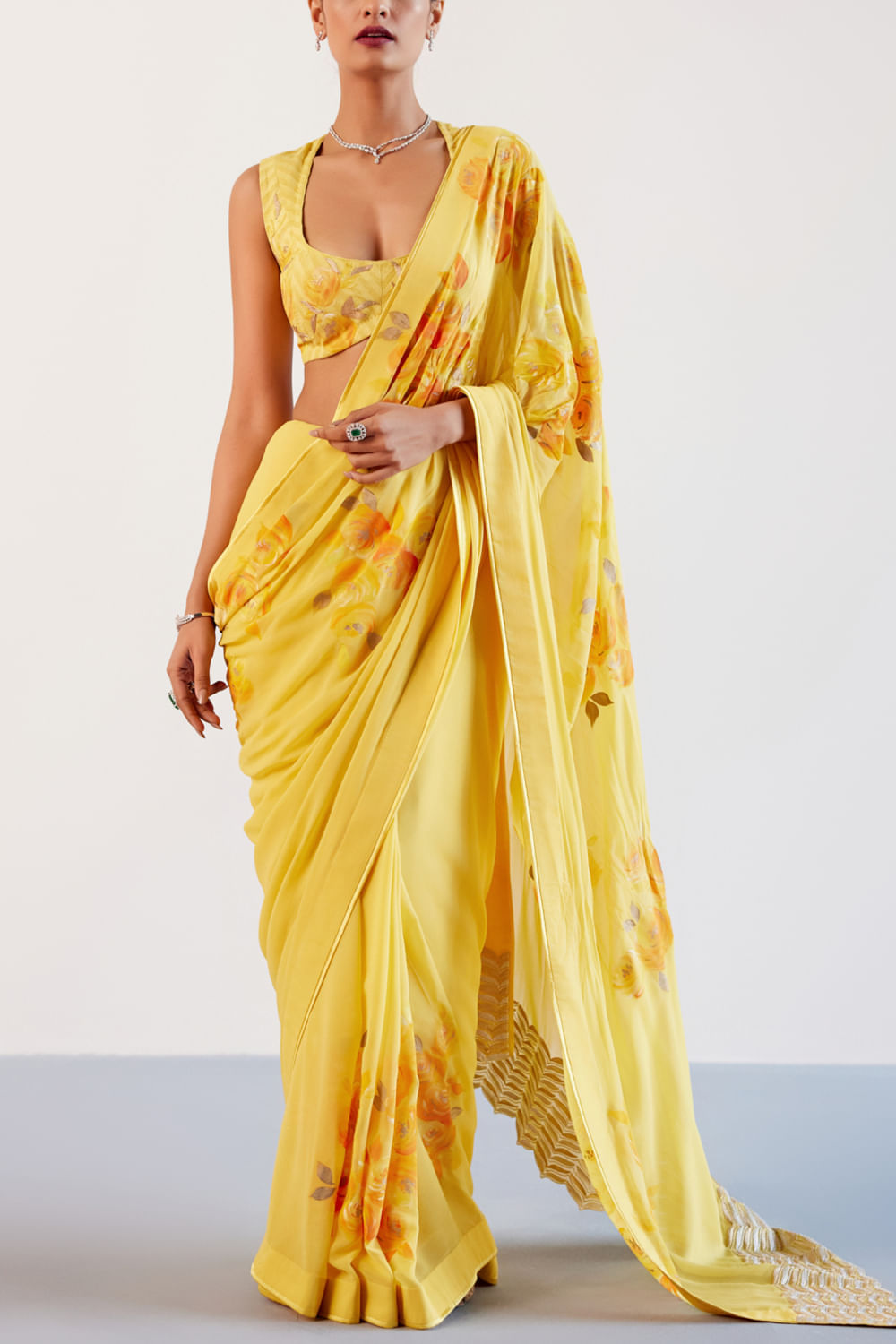 Buy Yellow floral hand painted sari set by Devnaagri at Aashni and Co