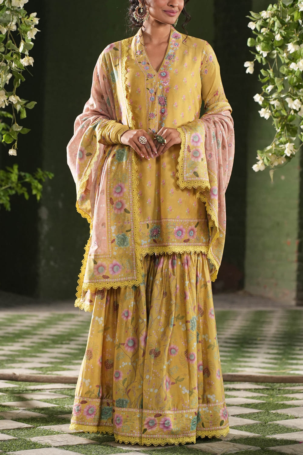 Buy Yellow floral printed sharara set by Niti Bothra at Aashni and Co